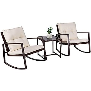 SUNCROWN 3-Piece Outdoor Rocking Bistro Set Brown Wicker Patio Furniture Conversation Sets with Glass Coffee Table (Beige Cushion)