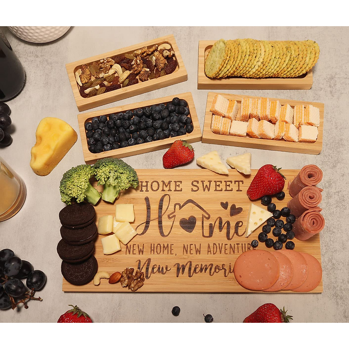 CryCarrot Housewarming Gift for New Home, Home Sweet Home Cheese Board Gifts, New Apartment New House Owner Gift, Party Charcuterie Cheese Board And Serving Platter Trays Gift Set of 5