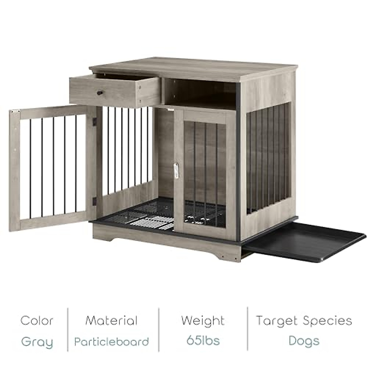 DOSSMBOLA 32'' Wooden Dog Crate Furniture for Medium Small Dogs, Dog Kennel Dog Crate with Pull-Out Tray, Storage Drawer, End Table Dog Cage - Gray