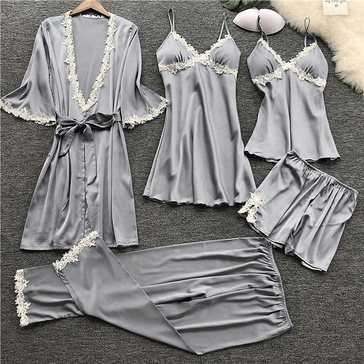 Aniywn Bridal Lingerie for Women Sexy Bride Underwear Sleepwear Lingerie Lace Women Nightwear Sexy 5PC Negligee Lingerie Grey