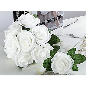 Lansdowns Artificial Flower Foam Rose 25pcs Real Looking Fake Rose with Stems Leaves for Home Decoration Party Garden Centerpieces DIY Wedding Bouquets（White）