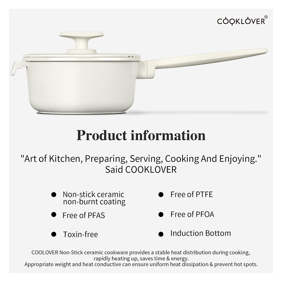2QT Ceramic Sauce Pan with Lid, Non-Toxic, PTFE&PFOA Free, Induction Compatible, Multipurpose Handy Small Saucepan Nonstick with Heat Resistant Handle (Cream White)