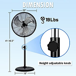 Bestronair 20 Inch Pedestal Standing Oscillating Fan,Adjustable Height Heavy Duty Industrial Metal Floor Fan with 3 Speed,Use for Workshop, Garage, Commercial, Rooms.