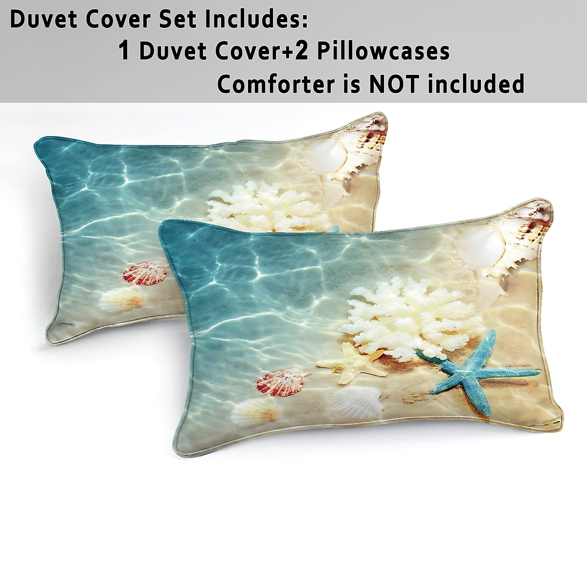 Bedbay Beach Queen Duvet Cover Set,Coastal Bedding Set Queen,Teen Girls Boys Starfish Beach Decor 3 Pieces Microfiber Quilt Cover,Beach Themed Bedding Set for Summer (Turquoise,Queen)