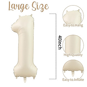 40 Inch Cream White 1 Balloon Numbers, Large Number 1 Balloon Foil Helium Number Balloons, Big 1st Mylar Birthday Balloons for Boys Girls 1st Birthday Party Decorations Anniversary Party Supplies