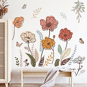 wondever Boho Flower Wall Stickers Wildflower Floral Grass Peel and Stick Wall Art Decals for Living Room Bedroom TV Wall