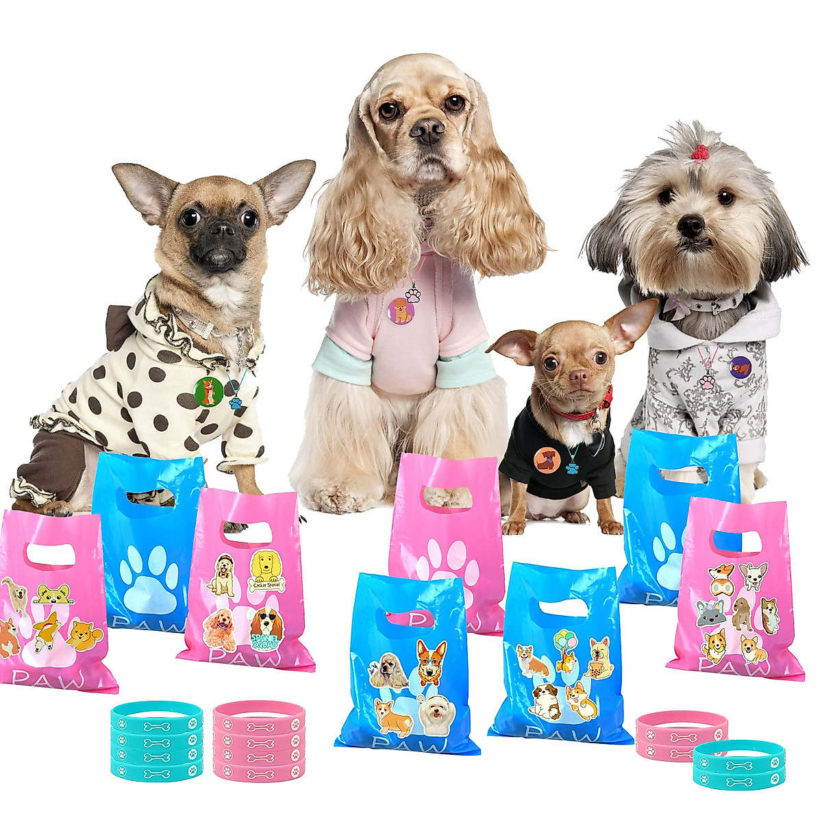 110 PCS Dog Party Favors Puppy Key Chain Necklace Silicone Wristbands Stickers Goodie Bags Button Badges For Birthday Party Favors Baby Shower Decorations Classroom Rewards Dog Theme Supplies