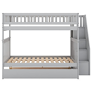 Merax Full Over Full Bunk Bed with Trundle, Wood Full Bed Frame with Staircase, Storage Space, and Guard Rail for Teens, Adults, Suitable for Bedroom, Dorm, Grey