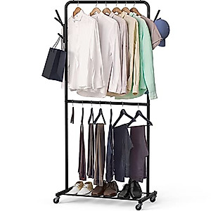 Simple Houseware Double Rod Garment Rack With Wheels and Hooks, Black