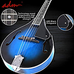 ADM Acoustic Mandolin Instrument Kit Music A Style for Kids Students Adults Wood Mandolins Beginner Set With Bag, Tuner, EQ, Strap, Strings, Picks and Hanger, Blue