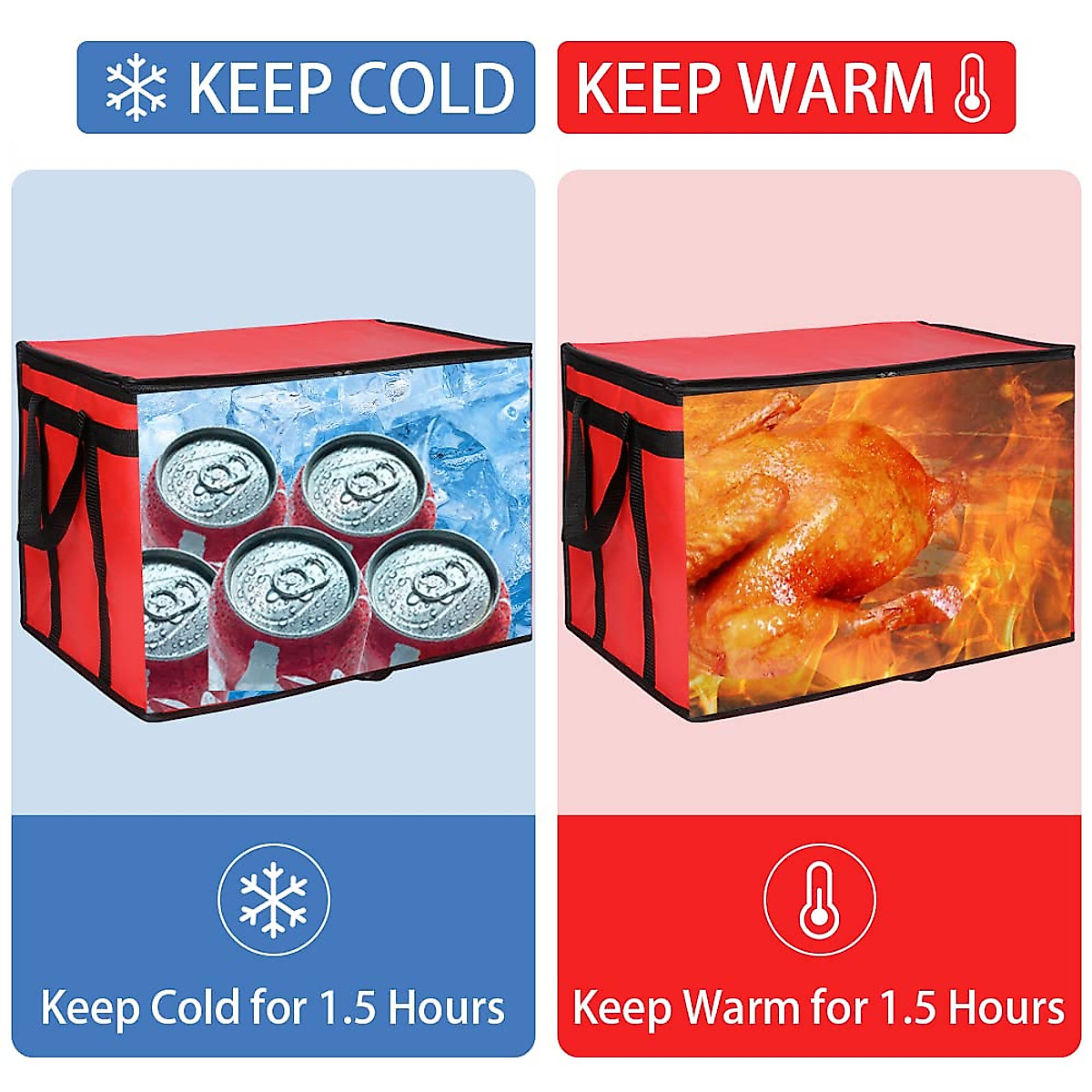 CIVJET 2-Pack Insulated Food Delivery Bag with Hard Bottom, XXX-Large Insulated Reusable Grocery Cooler/Hot Bags, Tote Bag for Shopping/Travel/Doordash, Red