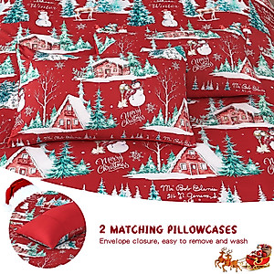 Dobuyly Christmas Duvet Cover Set Queen Size Christmas Tree Reindeer Snowman Pattern Duvet Cover with 2 Pillowcases Soft Microfiber Red Bedding Set for Holiday New Year Gift(3Pcs, 90"x90")