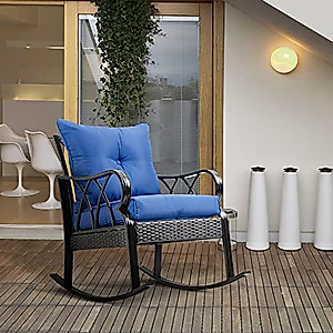 Outsunny Outdoor Wicker Rocking Chair with Padded Cushions, Aluminum Furniture Rattan Porch Rocker Chair w/Armrest for Garden, Patio, and Backyard, Blue