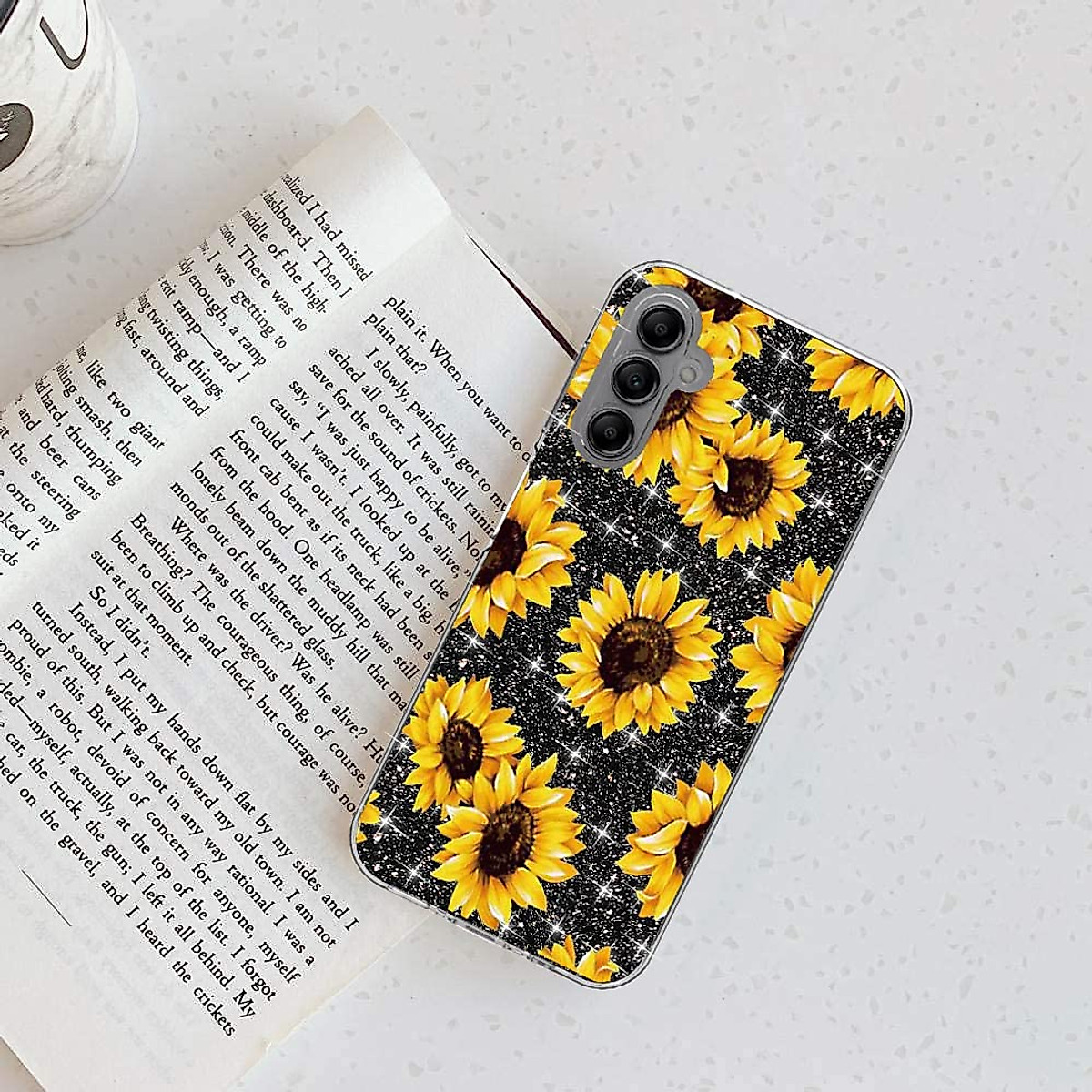 DDTKZC for Samsung Galaxy A14 5G Case,Samsung A14 5G Phone Case, Tempered Glass Protector Lustre Pattern-Sparkle 2 in 1 Clear Shockproof Case (Yellow Sunflower, for Samsung Galaxy A14 5G)