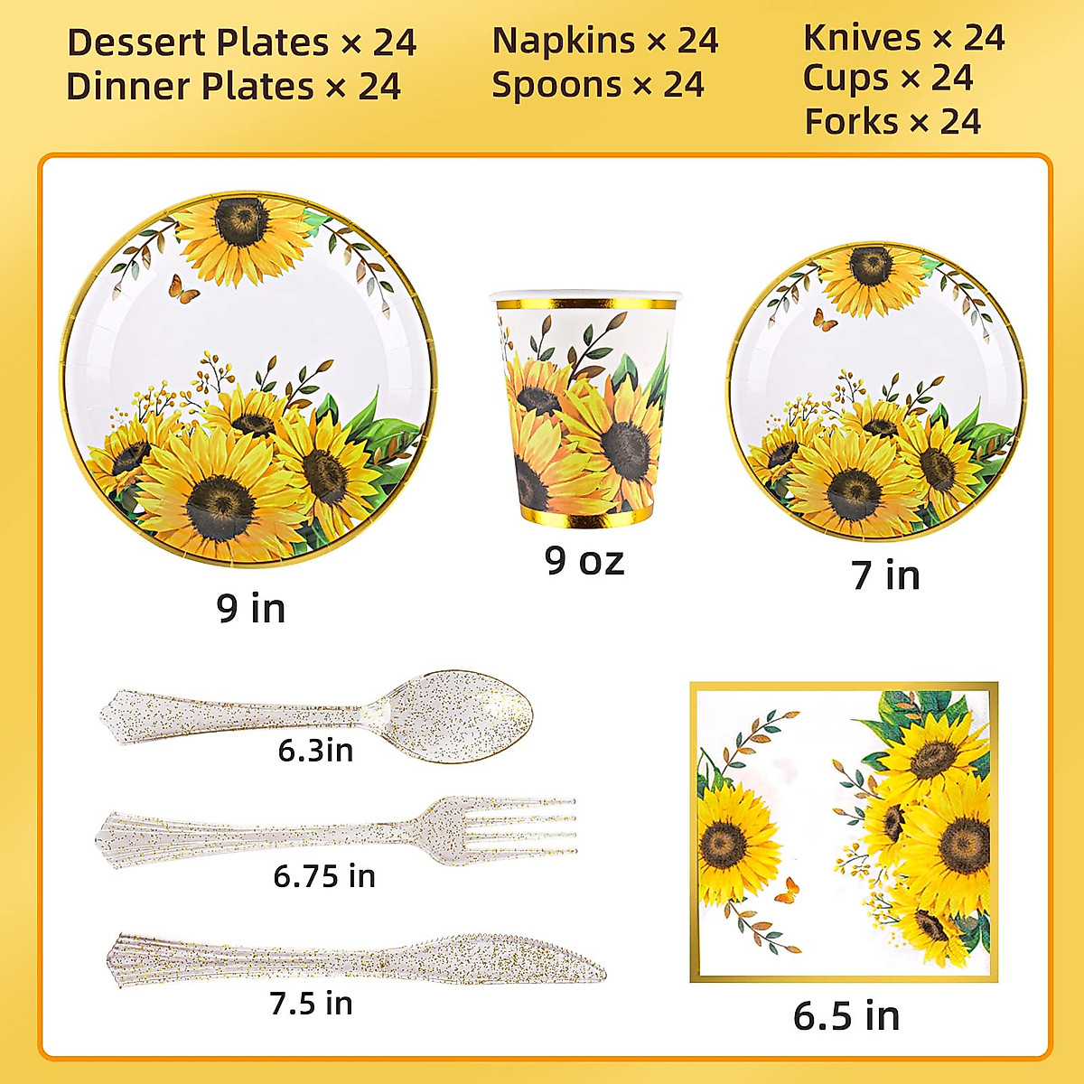 Sunflower Party Supplies, Sunflower Plates and Napkins Set, Disposable Sunflower Plates, Party Cups, Napkins and Cutlery for Sunflower Birthday, Baby Shower, Bridal Shower, Sunflower Parties Serves 24