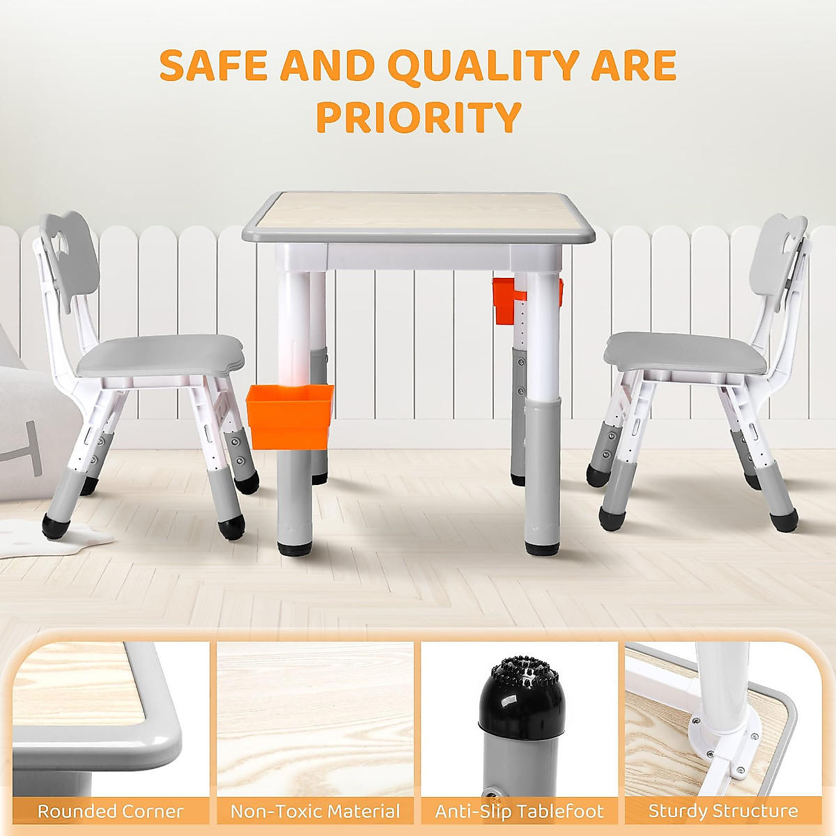 JOYMOR Height-Adjustable Kids Table and 2 Chairs Set, Toddler Table and Chair Set for Kids 2-8 Suitable for Crafts and Study, 2 Pen Boxes, Graffiti Tabletop, Anti-Slip Chair Legs (Light Grey)