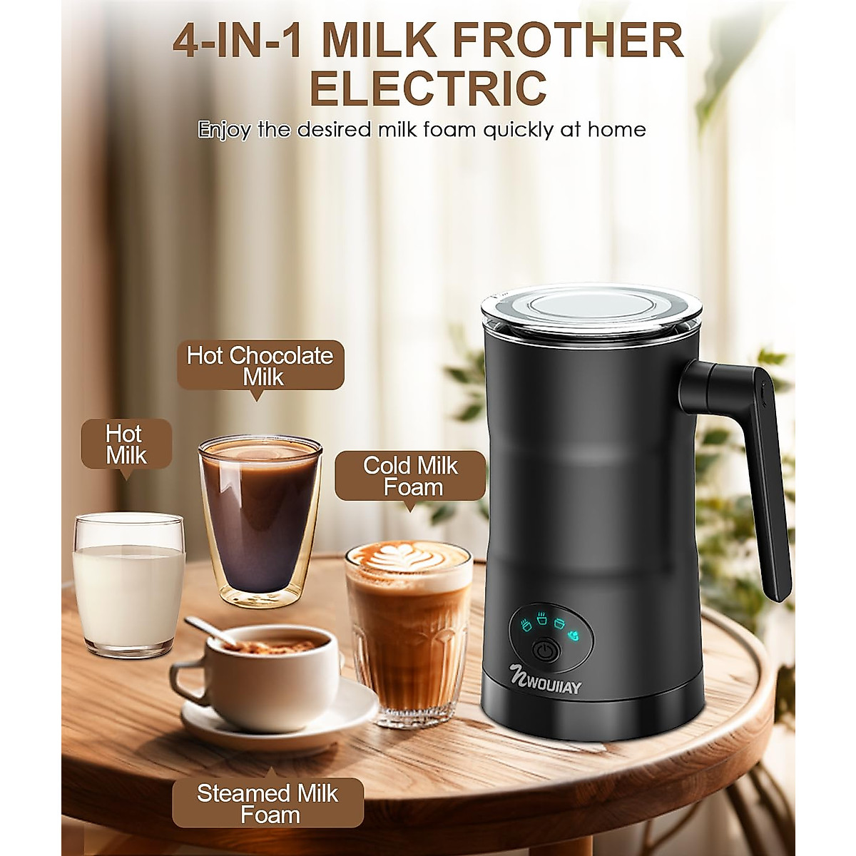 NWOUIIAY 4 in 1 Milk Frother Electric and Steamer 11.8oz/350ml Hot/Cold Foam Maker Intelligent Temperature Control Electric Milk Warmer for Latte/Coffee/Hot Chocolate/Cappuccino