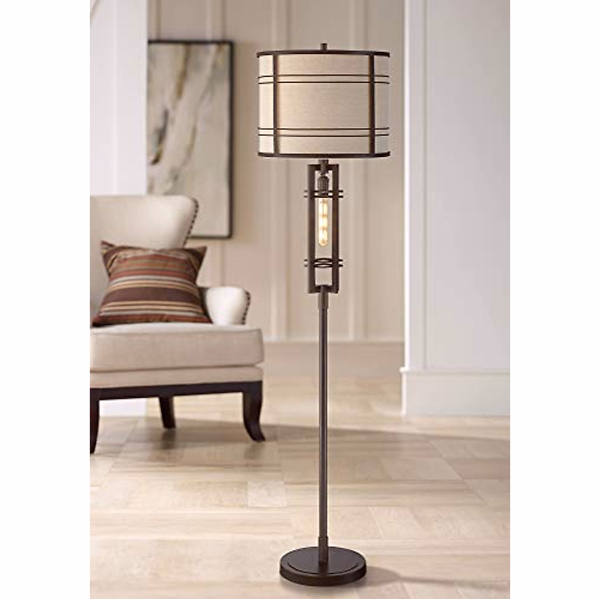 Franklin Iron Works Elias Industrial Rustic Farmhouse Floor Lamp Standing 651/2" Tall Oil Rubbed Bronze with LED Nightlight Off White Oatmeal Fabric Drum Shade for Living Room Reading Bedroom