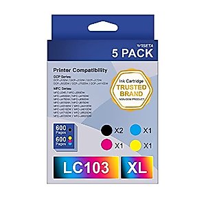 WISETA LC103 XL LC103XL Compatible Ink Cartridge Replacement for Brother LC103 XL LC-103XL LC103XL LC103BK LC101 to Use with MFC-J870DW MFC-J6920DW MFC-J6520DW MFC-J450DW (5 Pack, 2B1C1M1Y)