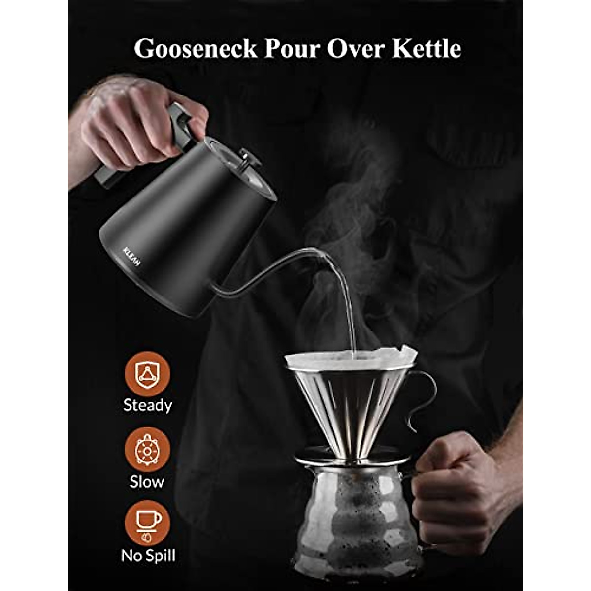 KLEAH Gooseneck Electric Kettle for Coffee Tea Brewing, 0.8L Pour Over Kettle, Keep Warm for 2H Stainless Steel Kettle Auto Shutoff Boil-Dry Protection Digital Display Black for Gift