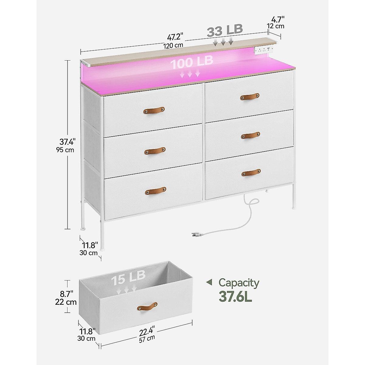 SANGMUCEN 47.2" W White Dresser for Bedroom with Charging Station and LED Lights, 6 Drawers Dresser with PU Finish, Wide Fabric Dressers for Closet, Bedroom, Hallway Entryway, Wood