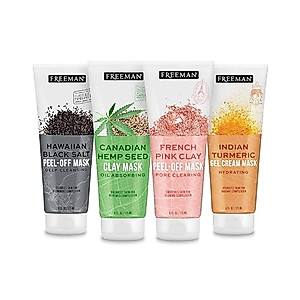 Freeman 4 Count Exotic Blends Face Mask Variety Set, Includes Clay, Peel-Off, Gel, & Cream Facial Masks, Skincare for Women, Face Mask Essentials Kit, Hydrating, Soothing, & Purifying