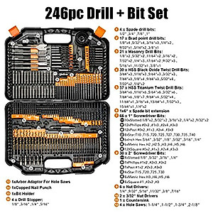 EnerTwist Drill Bit Set, 246-Pieces Drill Bits and Driver Set for Wood Metal Cement Drilling and Screw Driving, Full Combo Kit Assorted in Plastic Carrying Case, ET-DBA-246