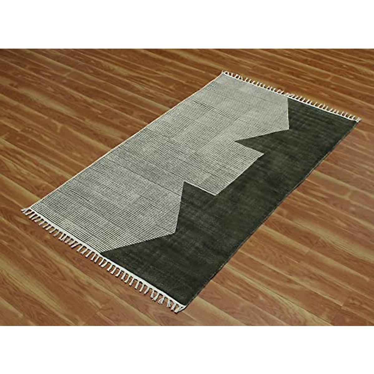 Casavani Hand Made Cotton Dhurrie Geometric Green & Beige Tassel Rug Easy Care Washable Rugs for Doormat Entryway Living Room Bedroom Hallway Balcony 6x12 Feet Runner