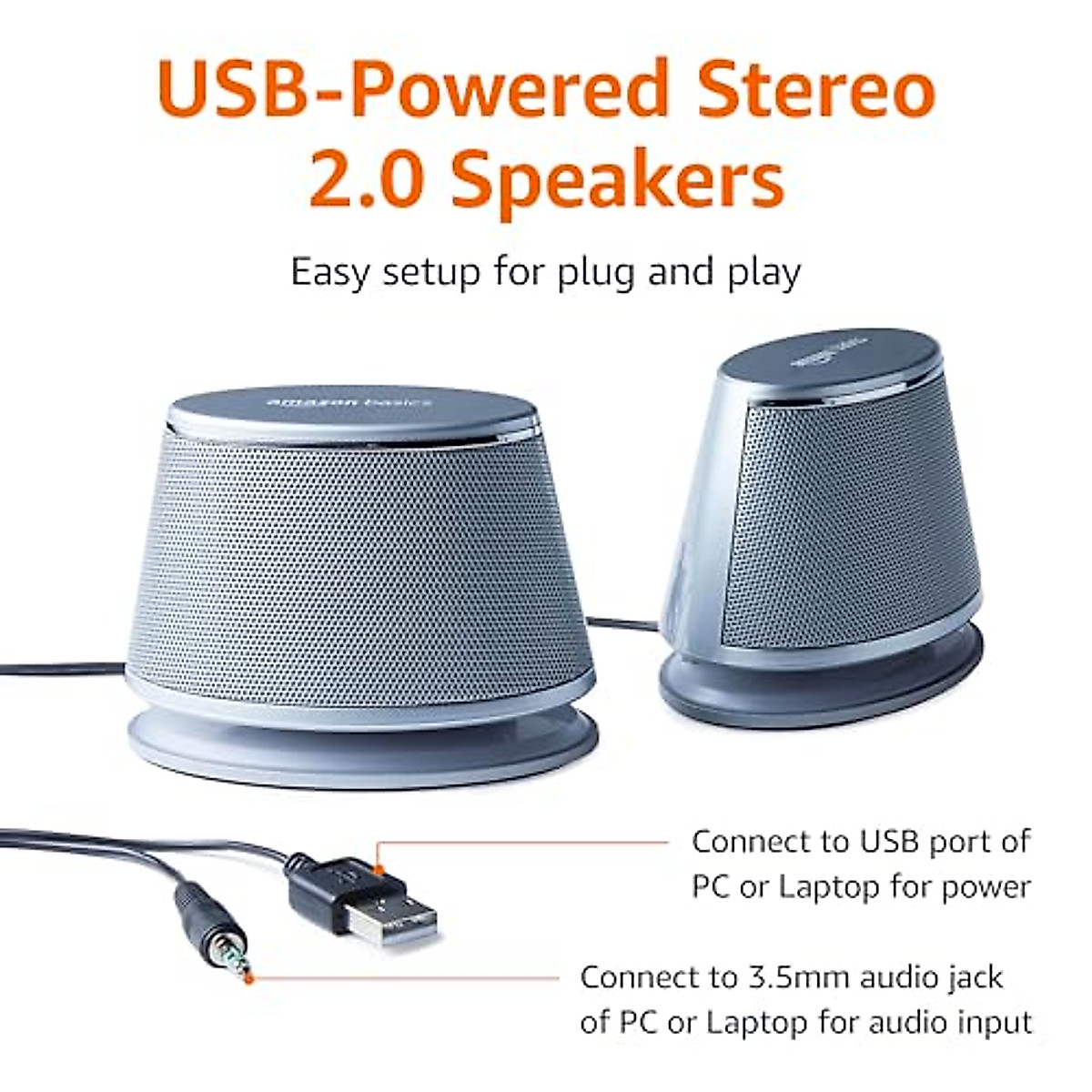 Amazon Basics Stereo 2.0 Speakers for PC or Laptop with Volume Control, 3.5mm Aux input, USB-Powered, 1 Pair, Silver