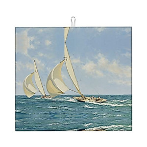 Sailboat Ship Landscape Printed Drying Mat For Kitchen Ultra Absorbent Microfiber Dishes Drainer Mats Non-Slip Silicone Quick Dry Pad - 18 X 16inch