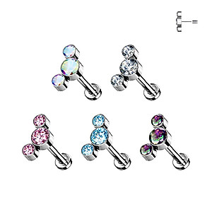 Pierced Owl 16-18GA G23 Implant Grade Titanium Threadless Push-In Triple Round CZ Crystal Curved Flat Back Lip Cartilage Ear Lobe Stud (Aurora Borealis, 18GA)