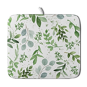 Giwawa Leaves Dish Drying Mat 16x18 inch Reversible Green Leaf Dish Draining Mats with Hanging Loop Absorbent Watercolor Plants Dish Drainer Mat Microfiber Leaves Drying Pad for Kitchen Counter Sink