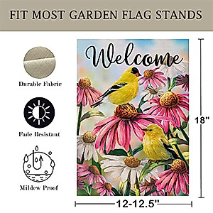 Artofy Welcome Summer American Goldfinch Birds Home Decorative Garden Flag, Yard Echinacea Daisy Flower Outside Decor, Spring Outdoor Small Burlap Decoration Double Sided 12x18