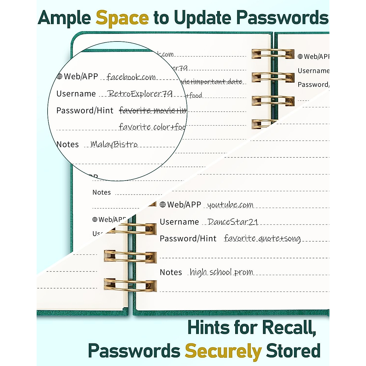 WEMATE Password Book with Alphabetical Tabs, Spiral Password Keeper Book for Seniors, Internet Password Notebook Password Journal Logbook Log in Detail, Small – 4.7''x 6'' (Teal)