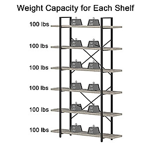 HSH 6 Tier Tall Bookshelf, Wood and Metal Vertical Display Book Shelf, Industrial 6 Shelf Bookcases and Book Shelves Storage Rack, Large Open Book Case for Bedroom Living Room Office, Light Grey Oak