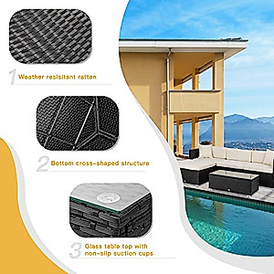 CharaVector Patio Furniture Set, Outdoor Sectional Rattan Sofa Wicker Conversation Couch Set 5 Pieces with Pillows&Coffee Table&Thick Cushions for Backyard Garden Poolside