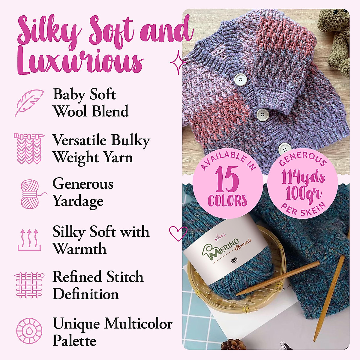 Merino Moments Chunky Merino Wool Yarn for Crocheting, 4 Skeins, 456Yds/400G, Free Patterns - Variegated Yarn for Knitting - #5 Bulky Weight - Blue Pack