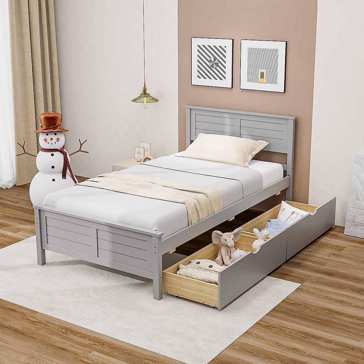 Giantex Wood Twin Bed with 2 Storage Drawers, Solid Wood Platform Bed with Headboard, Wooden Slats Support Mattress Foundation, No Spring Needed, Twin Bed Frame for Kids, Teens, Adults, Grey