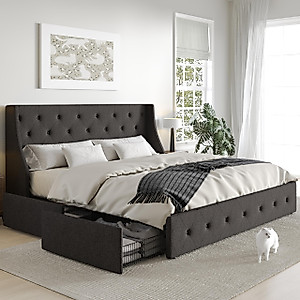 SHA CERLIN King Size Platform Bed Frame with 4 Storage Drawers and Wingback Headboard, Diamond Stitched Button Tufted Design, No Box Spring Needed, Dark Grey