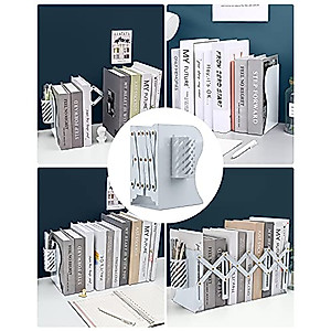 Adjustable Bookends, Metal Bookends for Heavy Books, Shelves, 2 Dividers, Expandable Book Organizer with Pen Holder for Desk, Office (19 inches Max) for 6 7 8 9-15 Boys, Girls, White