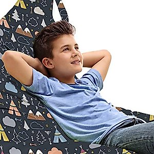 Lunarable Camping Lounger Chair Bag, Ethnic Illustration of Outdoor Elements Tents Mountains Trees Clouds, High Capacity Storage with Handle Container, Lounger Size, Dark Grey and Multicolor