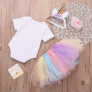 BOEBNOZCV Toddler Baby Unicorn 1st Birthday Outfit Newborn Baby Girl Party Romper Bodysuit+ Tutu Skirt Dress Clothes Set (12-18 Months, Unicorn One)