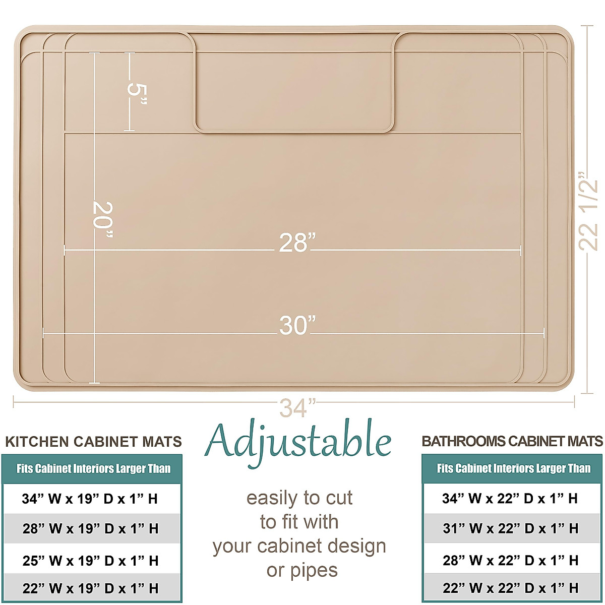 The Original Under Sink Mat - Silicone Waterproof mat, Adjustable, Easy to Clean, Kitchen cabinet liner, Disifenction Surface - 34" x 22" or smaller