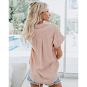 Andongnywell Women's Casual Lapel Shirt V Neck Short Sleeve Loose Casual with Pockets Front Button Blouse (Pink,2,Medium)
