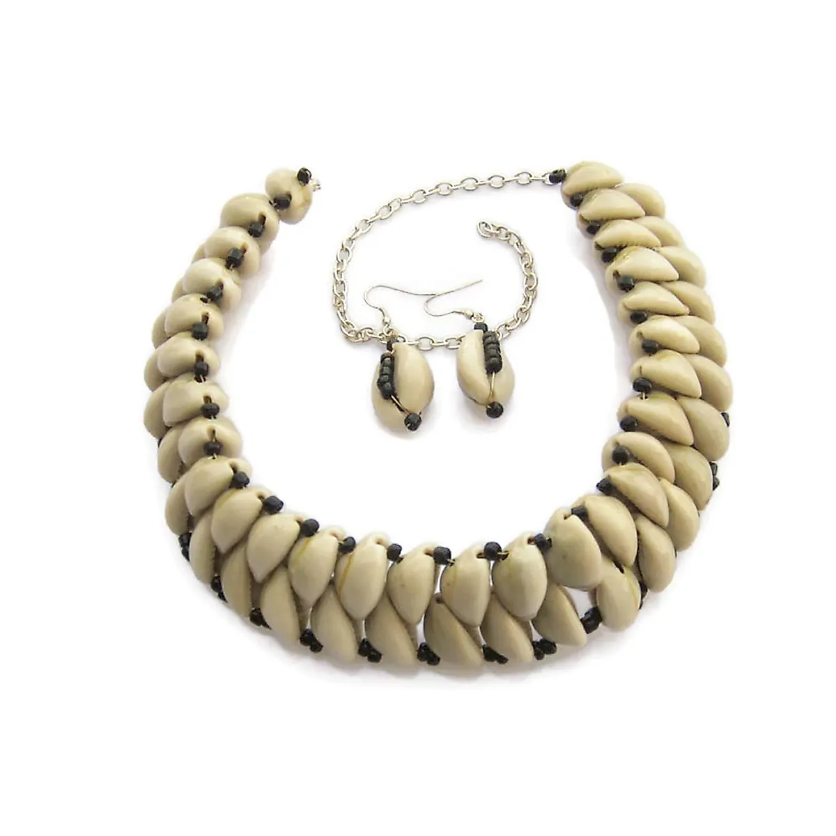 Unique Collar Choker Bib Egyptian African Beaded Natural Cowrie shells on Geman Silver Wire embellished with black glass beads | Boho Gypsy Cleopatra Afghan Kuchi Tribal Belly Dance Necklace Earrings