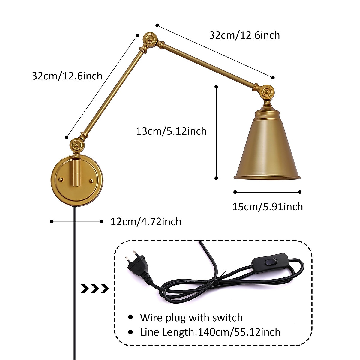 SUNLLOK Modern Gold Plug in Wall Sconce with Switch - Industrial Adjustable Swing Arm Hanging Wall Light Fixture - Indoor Metal Rustic Reading Wall Mounted Lamp Decoration for Living Room Kids Bedroom