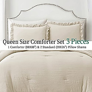 Bonlino Home Bed Bedding Comforter Set - 3 Pieces Queen Comforter Set, Farmhouse Bedding Set with Ruffle Bed Comforter & Ruffle Pillows Shams(Queen Size Wheat)