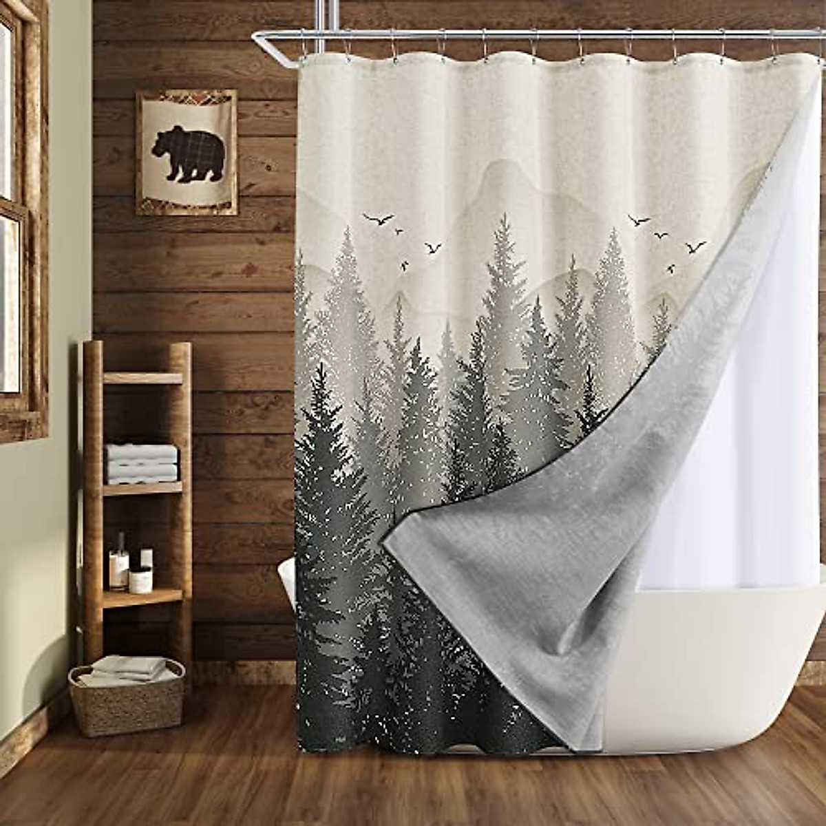 SMABU Black Linen Shower Curtain with Liner Natural Fabric Shower Curtain Liner Set with Hooks Rustic Forest Mountain Shower Curtains for Bathroom Black and Cream Double Shower Curtain Dark Grey 72x72