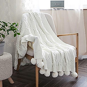 Revdomfly Chenille Knitted Throw Blanket with Pom Poms, Fuzzy & Fluffy Couch Cover Decorative Knit Blanket for Sofa Bed, 51.2" x 63", White