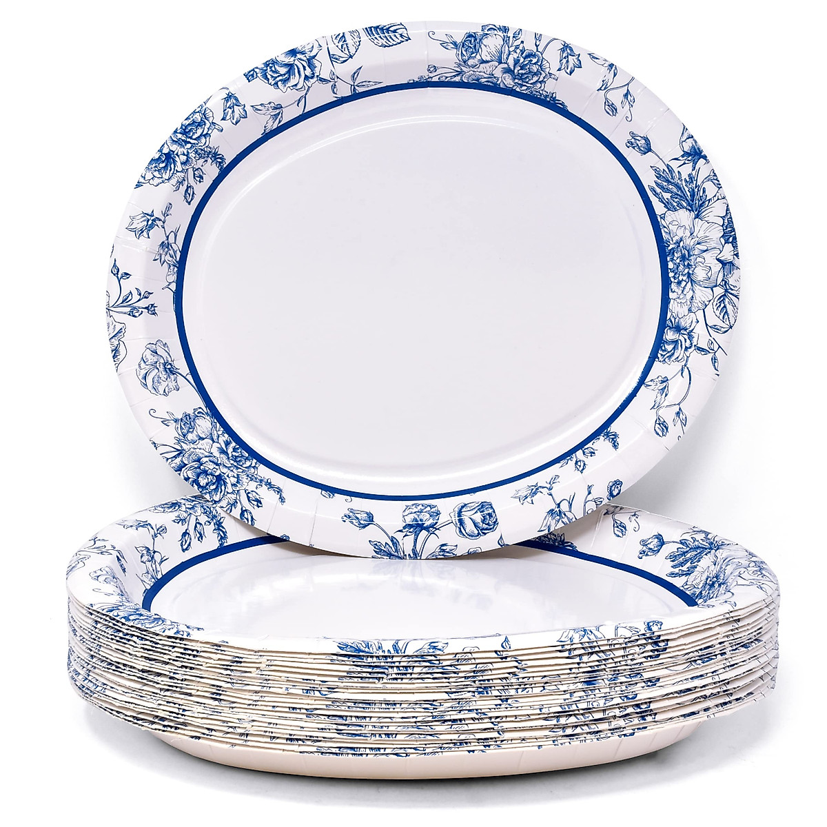 Gift Boutique 50 Blue Floral Oval Paper Plates 10" X 12" Large Disposable Platters Spring Summer Flowers Serving Dish Tray for Birthday Party Supplies